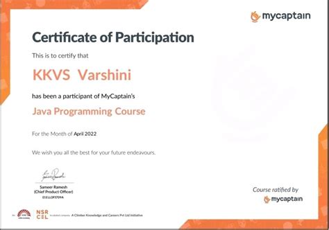 Kkvs Varshini On Linkedin Completed Java Course At Mycaptain