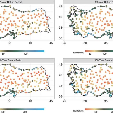 Two 20 50 And 100 Year Return Periods Of Ams Rainfall Values Based