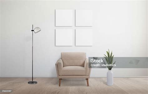 흰색 사각형 아트 캔버스 4 점 세트로 거실 벽에 의자 식물 램프가 있습니다 모형 예술 디자인 프레젠테이션 및 가정 인테리어 장식 향상에 이상적입니다 0명에 대한 스톡 사진