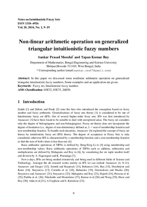 Pdf Non Linear Arithmetic Operation On Generalized Triangular Intuitionistic Fuzzy Numbers