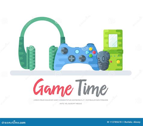 Headphones With Gamepad And Mouse With Tetris Toy Over Game Time Words Layout Modern Vector