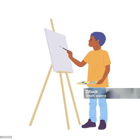 십대 이전 소년 예술가 만화 캐릭터 페인팅 캔버스 벡터 일러스트 레이 션에 그림 만들기 공예에 대한 스톡 벡터 아트 및 기타