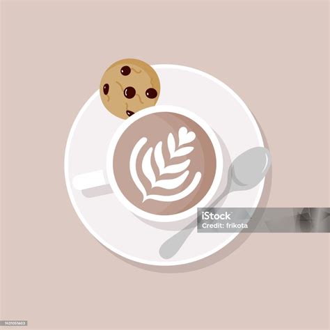 라떼 아트 탑 뷰 찻 숱가락과 초콜릿 쿠키가있는 접시에 우유가 든 커피 한 잔 벡터 일러스트 레이 션 평면 디자인 카페에 대한 스톡 벡터 아트 및 기타 이미지 Istock
