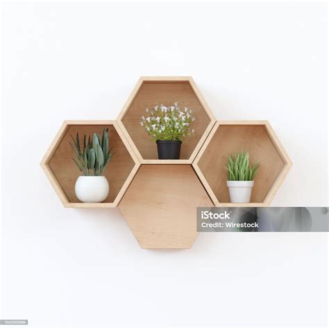 흰색 배경에 격리된 화분에 식물이 있는 나무 육각형 선반의 3d 렌더링 칸 가구에 대한 스톡 사진 및 기타 이미지 칸 가구 육각형 정사각형 구성 Istock