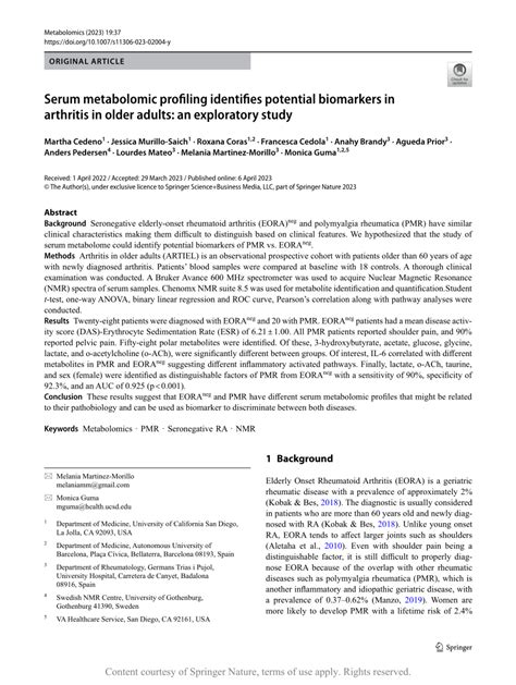 Serum Metabolomic Profiling Identifies Potential Biomarkers In Arthritis In Older Adults An