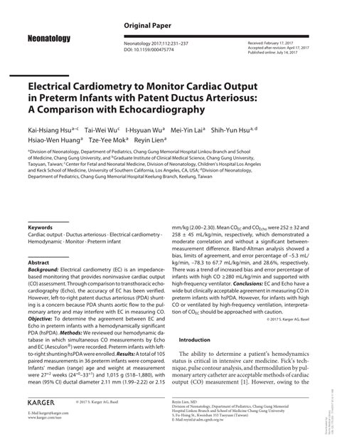 Pdf Electrical Cardiometry To Monitor Cardiac Output In Preterm Infants With Patent Ductus
