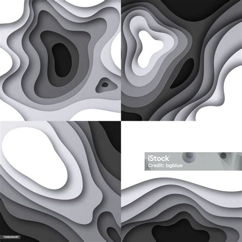 종이 절단 배경 세트입니다 흑백 추상적 인 물결 모양유행 3d 디자인 4가지 개체에 대한 스톡 벡터 아트 및 기타 이미지 4가지 개체 공란 정사각형 구성 Istock