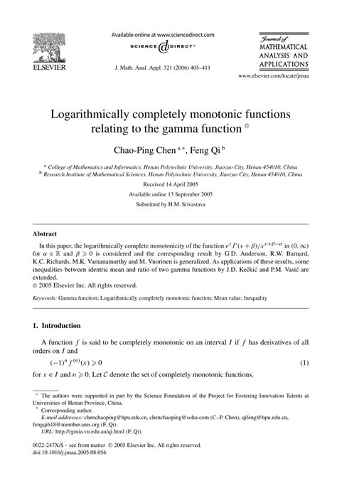 Pdf Logarithmically Completely Monotonic Functions Relating To The Gamma Function