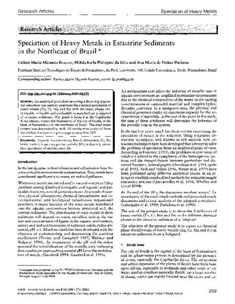 Pdf Speciation Of Heavy Metals In Estuarine Sediments In The Northeast Of Brazil