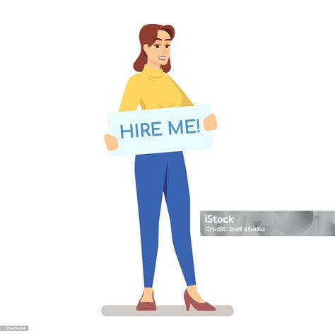 구직자 플랫 벡터 그림입니다 저를 고용하는 현수막을 들고 있는 젊은 여성 공석 후보자 실업자 구직자 흰색 배경에 직원 고립 만화 캐릭터 개념에 대한 스톡 벡터 아트 및 기타