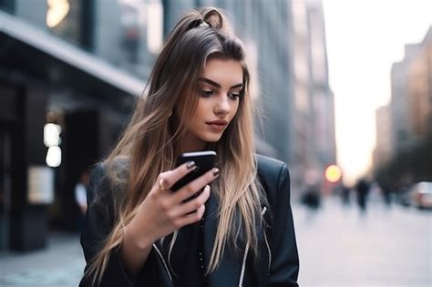 Premium Ai Image Young Woman Holds Smartphone Adult Girl Uses Mobile Phone In City Generative Ai
