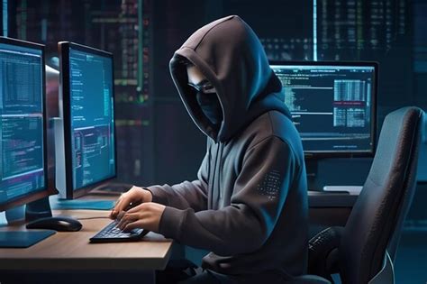 Premium Photo Hacker Programmer Who Sits In A Hoodie Behind A Computer With Many Screens In