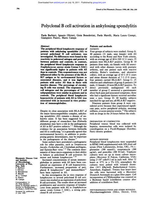 [pdf] Polyclonal B Cell Activation In Ankylosing Spondylitis