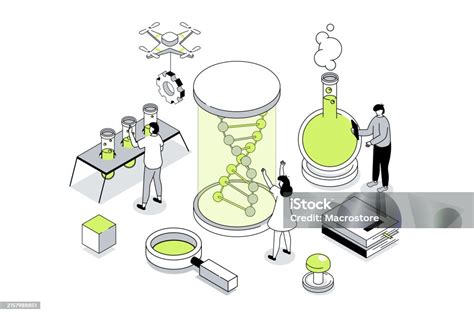 과학 실험실 웹용 아웃라인 아이소메트리 디자인의 3d 아이소메트릭 개념 유리에서 Dna 분자를 연구하고 플라스크에서 유전자 검사와 임상 실험을 하는 사람들 벡터 일러스트