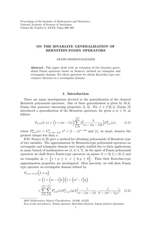 Pdf On The Bivariate Generalization Of Bernstein Fomin Operators