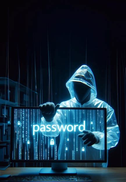 Premium Photo A Hacker In A Clear Plastic Hooded Sweatshirt Grabs The