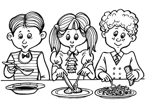 Дети кушают — раскраска для детей Распечатать бесплатно