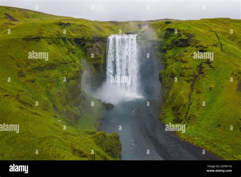 Iceland Aerial View On The Skogafoss Waterfall Landscape In The