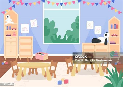 유치원 놀이방 책상과 의자 어린이 플랫 컬러 벡터 일러스트 가정의 방에 대한 스톡 벡터 아트 및 기타 이미지 가정의 방 보육 일러스트레이션 Istock
