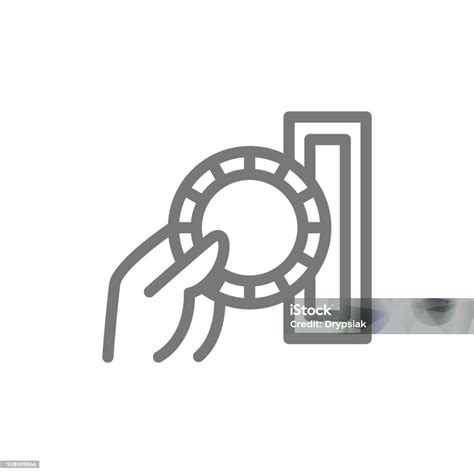 간단한 동전 삽입 또는 카지노 칩 라인 아이콘을 지불 합니다 기호와 기호 벡터 일러스트 레이 션 디자인 흰색 배경에 고립 강철에