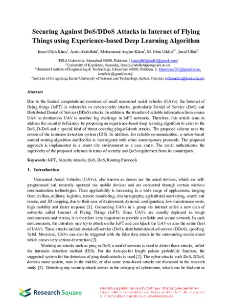 Pdf Securing Against Dosddos Attacks In Internet Of Flying Things Using Experience Based Deep