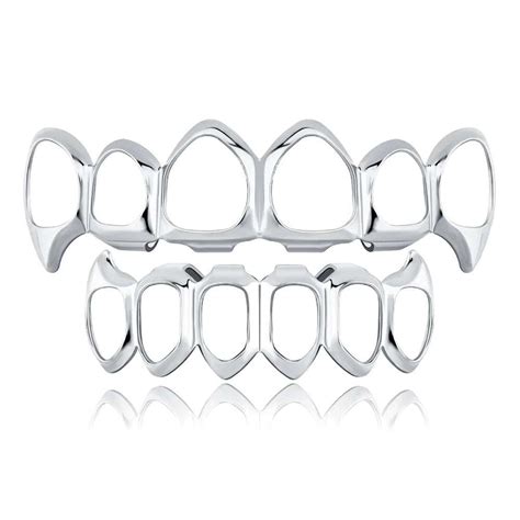 Top And Bottom Full 66 Silver Open Face Fang Grillz Rhino Grillz