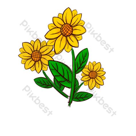 ดอกทานตะวันดอกไม้การ์ตูนน่ารักสดขนาดเล็กต้นฉบับวาดด้วยมือ องค์ประกอบกราฟฟิก แบบ Psd ดาวน์โหลด