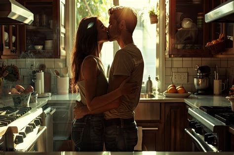 Man Kissing Cooking Girlfriend In Kitchen Premium Ai Generated Image