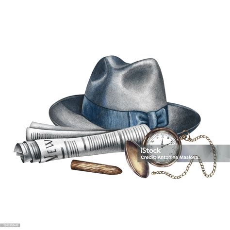남자의 모자 신문 시계 시가 수제 수채화 그림 남성을 테마로 한 빈티지 스타일의 컬러 이미지입니다 모든 남성의 날과 아버지의 날을 위한 엽서 배너 및 전단지 0명에 대한