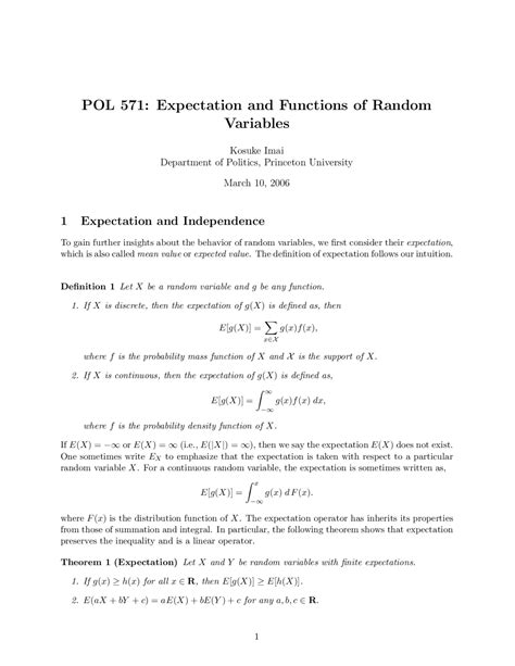 Expectation And Functions Of Random Variables Docsity
