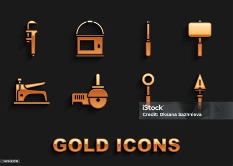 앵글 그라인더 슬레지 해머 흙손 렌치 스패너 건설 스테이플러 스크루 드라이버 캘리퍼 또는 캘리퍼 및 스케일 및 페인트 통 아이콘을 설정합니다 벡터 각도에 대한 스톡 벡터