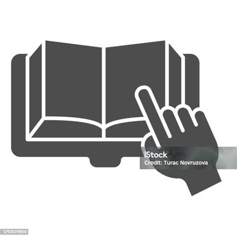 손 가리키는 단단한 아이콘 교육 개념 흰색 배경에 책 기호에서 손가락 포인트 글리프 스타일의 책 아이콘에 손가락 포인트와 함께