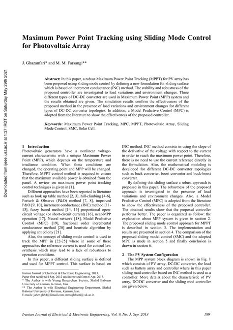 Pdf Maximum Power Point Tracking Using Sliding Mode Control For Photovoltaic Array