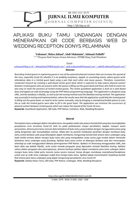 Pdf Aplikasi Buku Tamu Undangan Dengan Menerapkan Qr Code Berbasis Web Di Wedding Reception