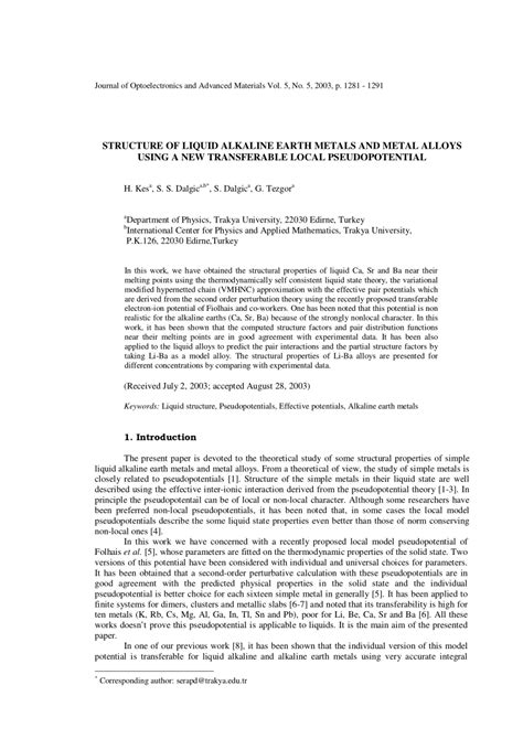 Pdf Structure Of Liquid Alkaline Earth Metals And Metal Alloys Using A New Transferable Local