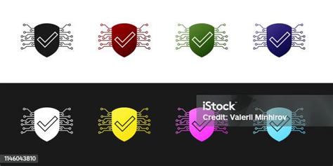 설정 사이버 보안 아이콘 흑백 배경에 고립 체크 표시 기호가 있는 방패 안전 개념입니다 디지털 데이터 보호 벡터 일러스트 개념에 대한 스톡 벡터 아트 및 기타 이미지