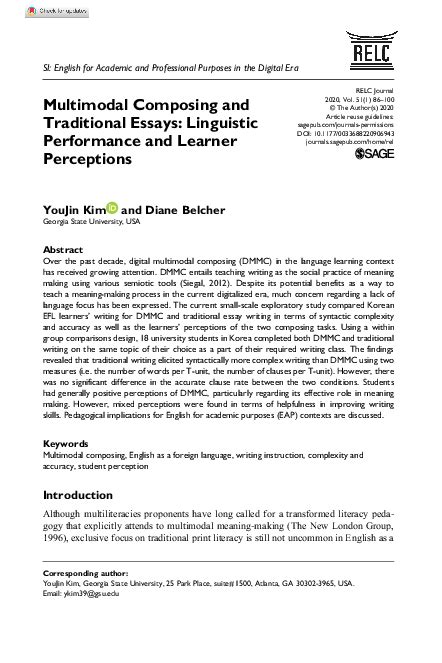 Pdf Multimodal Composing And Traditional Essays Linguistic Performance And Learner Perceptions