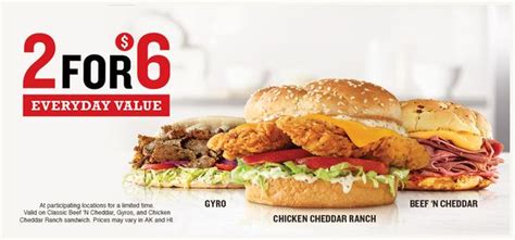 Arbys 2 For 6 Everyday Value Deals