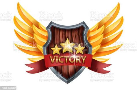 승리 게임 배지 아이콘 Ui 벡터 트로피 상 중세 방패 황금 날개 별 빨간 리본 1위에 대한 스톡 벡터 아트 및 기타 이미지