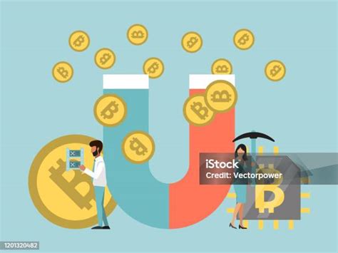 자석 개념 벡터 그림에 의해 비트 코인을 마이닝 자석으로 암호화 통화를 유치하는 비즈니스 사람들 지불에 대한 스톡 벡터 아트 및