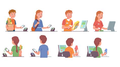 구매자 남자 슈퍼마켓 세트에서 식료품을 구입 하는 여성 사람들은 체크 아웃 카운터 Pos 터미널에서 Nfc 휴대 전화로 지불합니다 점원 스캔 벨소리 구매 무선 결제 플랫