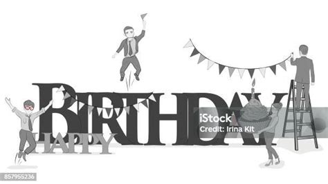 큰 단어 생일를 가진 작은 사람들의 밑그림 휴가의 개념입니다 손으로 그린 만화 벡터 일러스트 레이 션 디자인 및 인포 그래픽에 대 한 가족에 대한 스톡 벡터 아트 및 기타