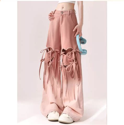 유니크 하트 찢청 리본 발레리나 발레코어 코랄핑크 데님 무릎 하트 포인트 찢어진 패치워크 자수 스트링 매듭 리본 Y2k 와이드핏 와이드데님팬츠 에이블리