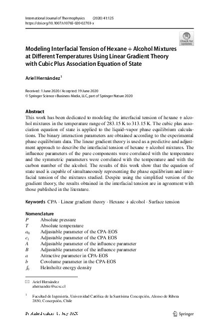 Pdf Modeling Interfacial Tension Of Hexane Alcohol Mixtures At