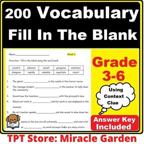 Vocabulary Fill In The Blank Worksheet Grade 3 6 Context Clue Activity