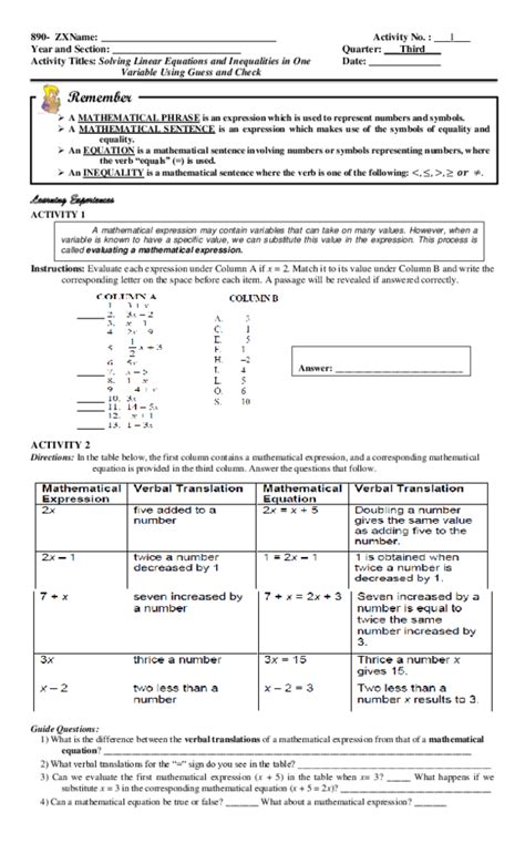 Doc Solving Linear Equations And Inequalities In One Variable Using