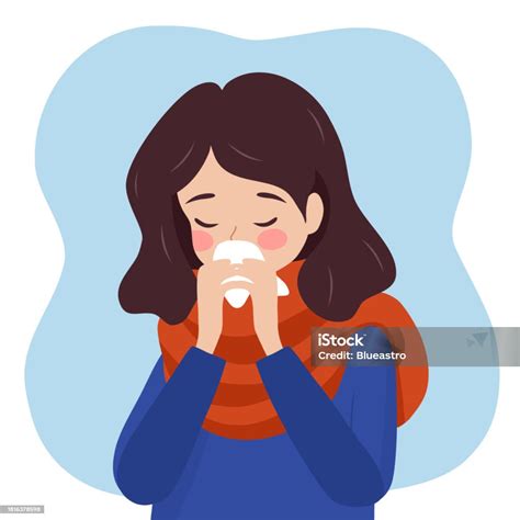 재채기 여자 개념 벡터 그림입니다 손수건으로 재채기를 하는 여자 아픈 여자가 재채기를 한다 계절 알레르기 감기와 독감에 대한