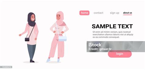 커플 아랍어 여자 히 잡에 대 한 논의 아랍 여자 머리 스카프 전통적인 옷을 입고 함께 통신 개념 전체 길이 수평 복사 공간 플랫 스카프에 대한 스톡 벡터 아트 및 기타