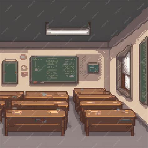 Pixel Art Classroom Scene With Desks And Blackboard Premium Ai
