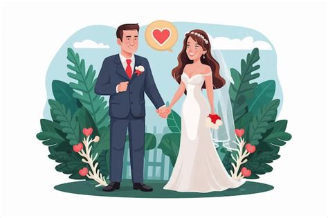 Premium Vector A Cartoon Illustration Of A Bride And Groom Holding Hands